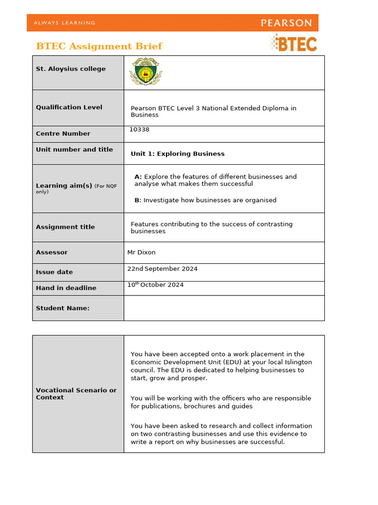 Assignment Brief For Learning Aims A and B, Unit 1 Exploring Business | PDF | Learning | Cognition