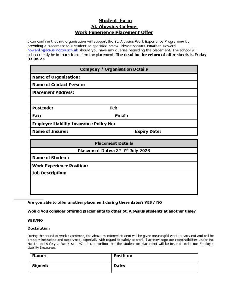Work Experience Form 2023 STA | PDF