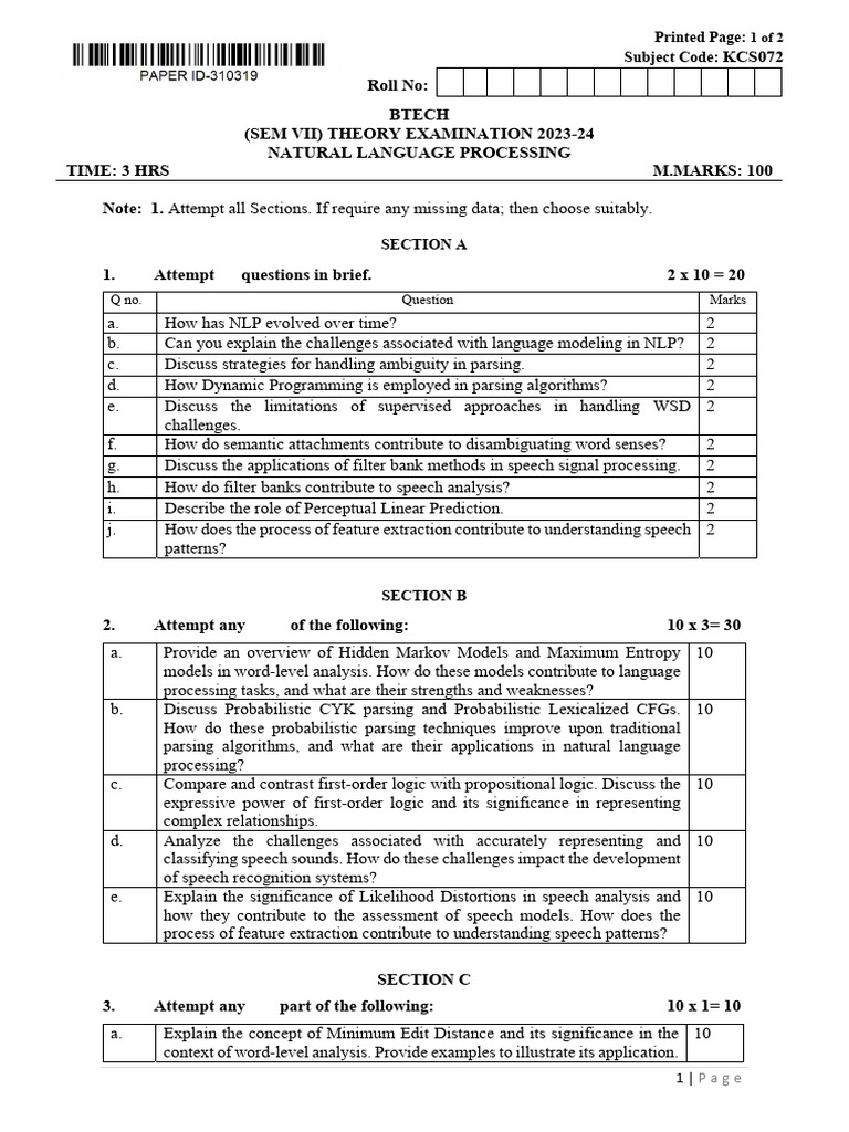 Kcs072 Natural Language Processing | PDF | Parsing | Logic