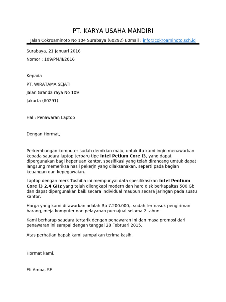 Contoh Surat Penawaran Laptop Full Block | PDF