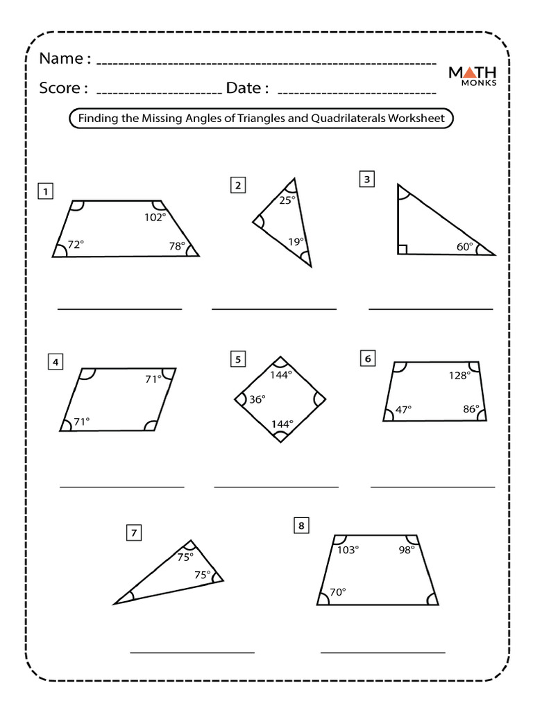 Angles in Triangles and Quadrilaterals Worksheet | PDF