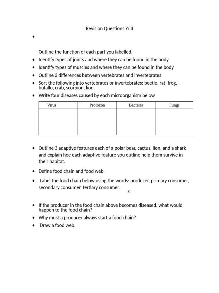 Science Revision Questions Yr 4 | PDF