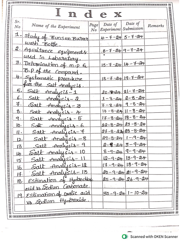 SR - Chemistry Practical Experiments INDEX WITH DATES | PDF