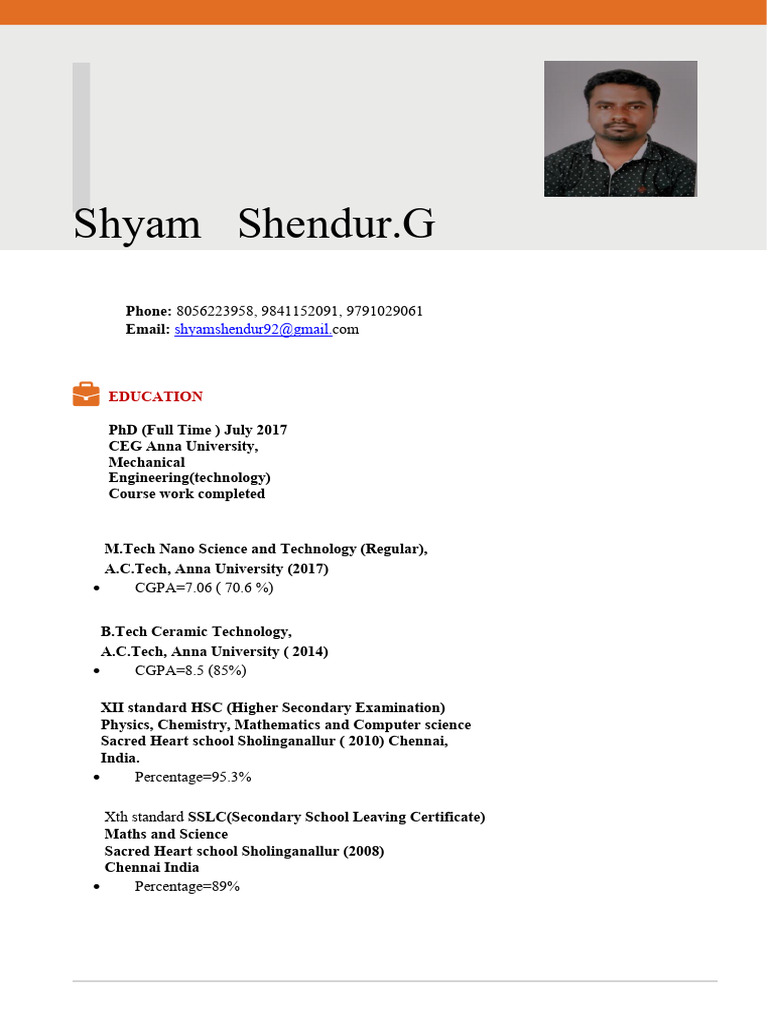 Resume - SHYAM SHENDUR | PDF | Sintering | Materials Science