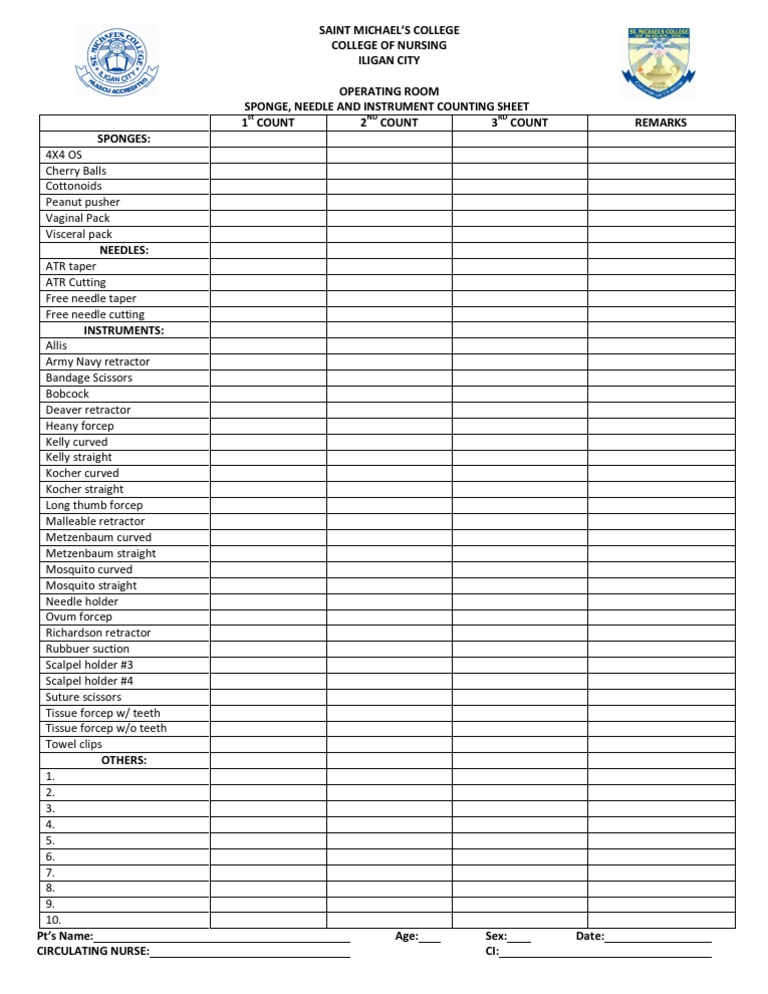 Operating Room Sponge, Needle and Instrument Counting Sheet for Saint ...
