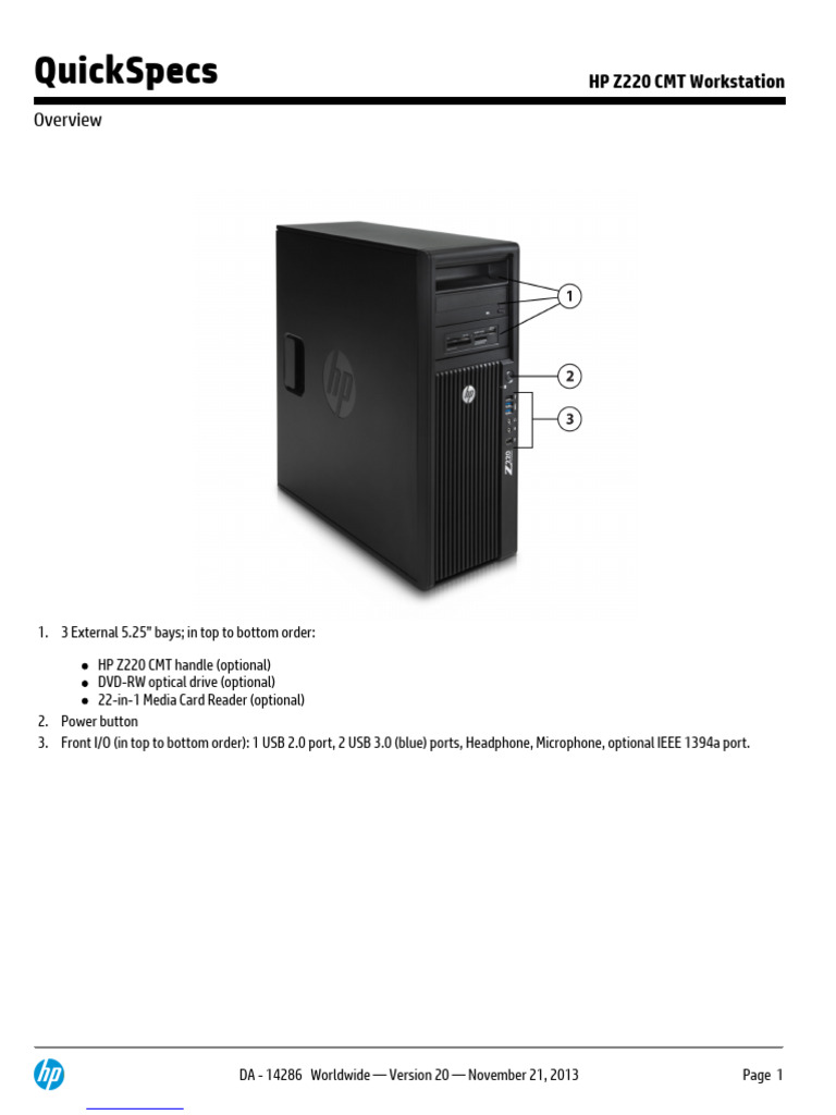 HP z220 Quick Specs | PDF | Solid State Drive | Usb