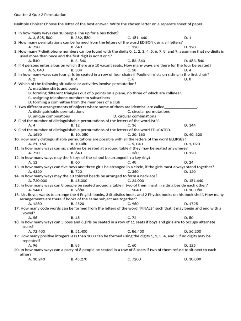 Math 10 Quarter 3 Quiz Permutation | PDF | Permutation