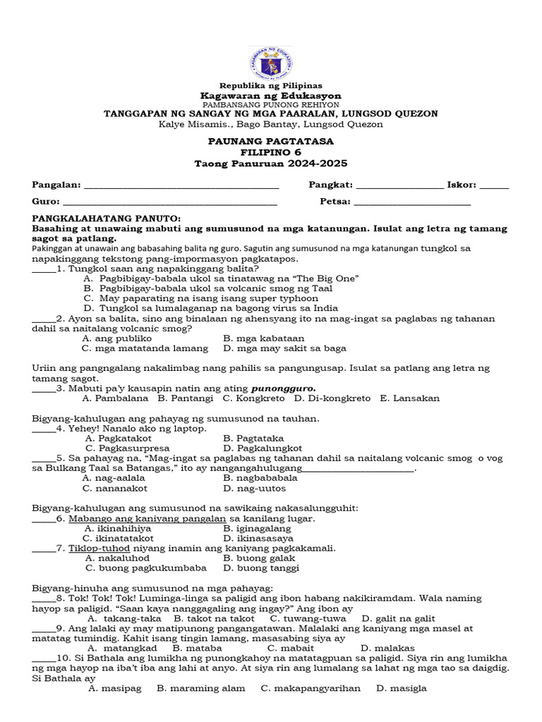GR6 Filipino Pretest2024 Test | PDF