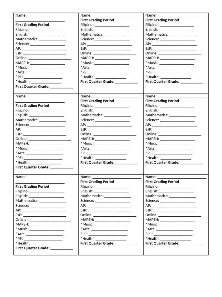 First Grading Period Grade Sheet | PDF
