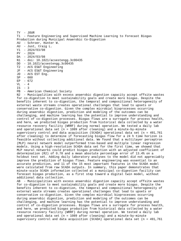 Feature Engineering to Forecast Biogas Production Abstract | PDF ... Feature Engineering to Forecast Biogas Production Abstract | PDF ...
