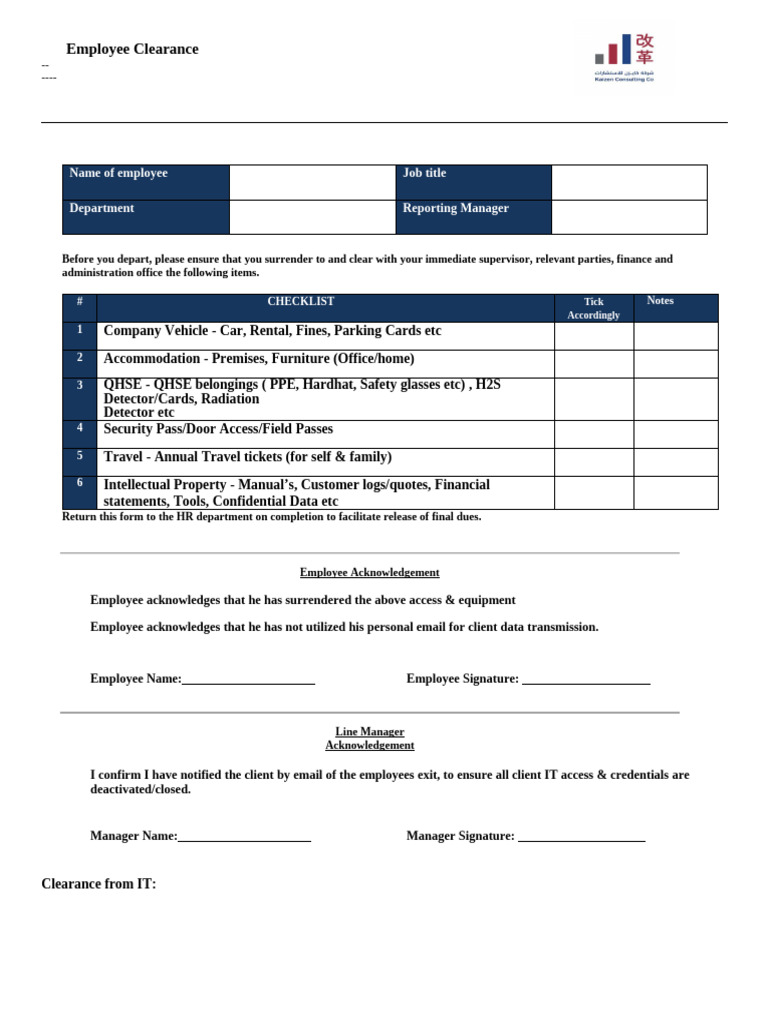 Kaizen-Off Boarding Clearance Form | PDF | Computing