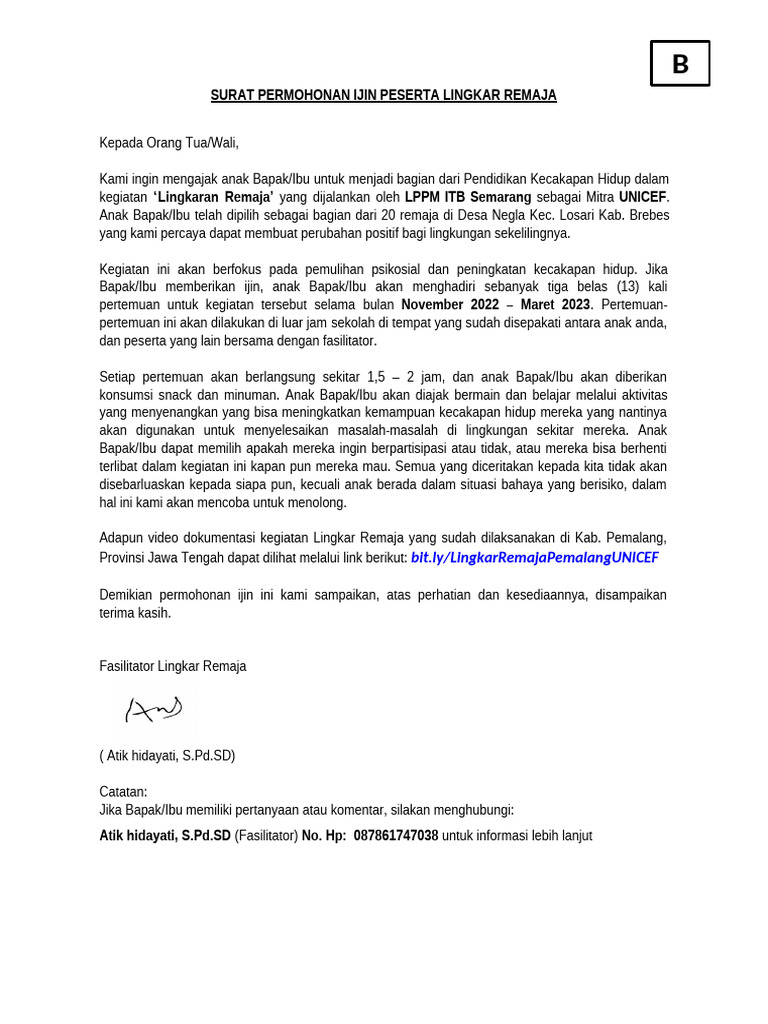 B. Form Surat Permohonan Ijin Ortu | PDF