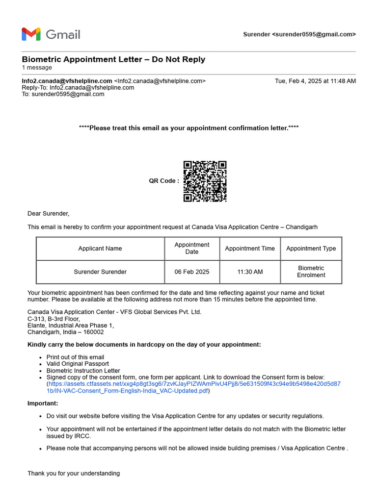 Gmail - Biometric Appointment Letter | PDF | Travel Visa | Government ...