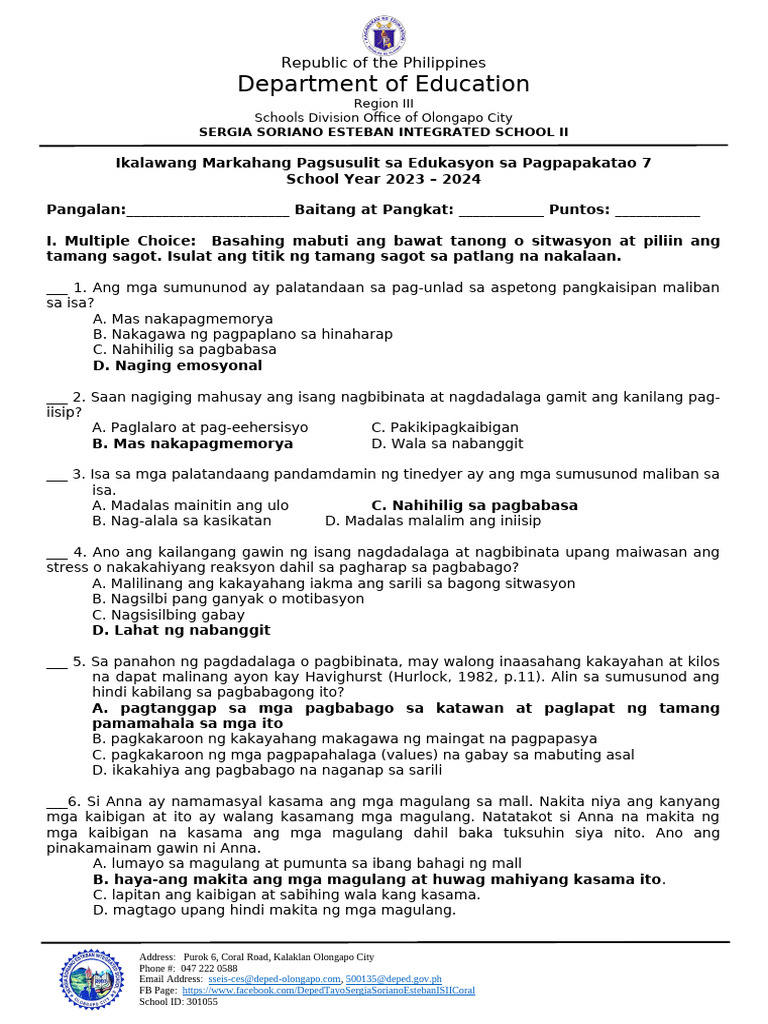 Esp7 1ST Quarter Exam | PDF