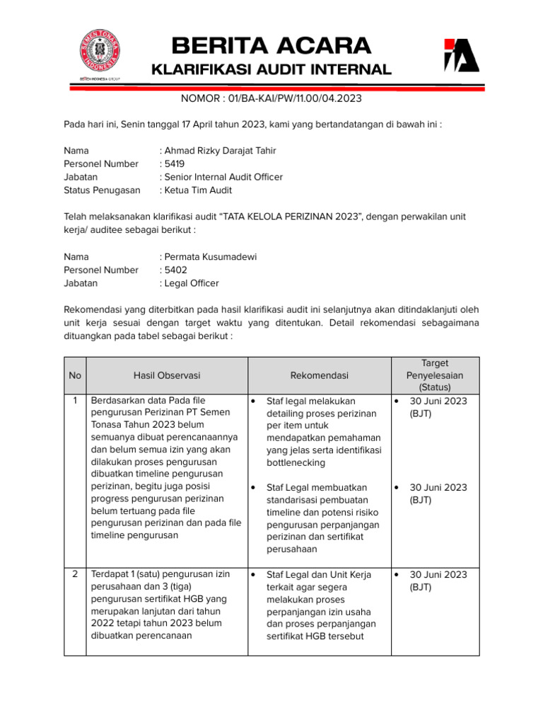BA Klarifikasi Audit - 170423 | PDF