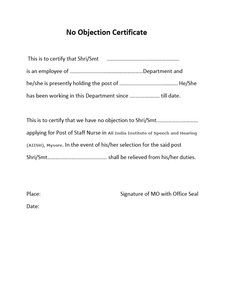 Employee No Objection Certificate for Nurse | PDF