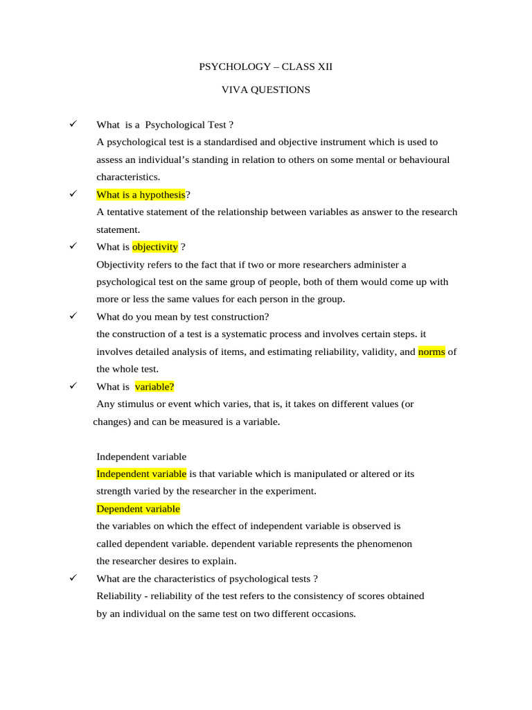 Class XII Psychology Viva Questions | PDF | Anxiety | Self Esteem