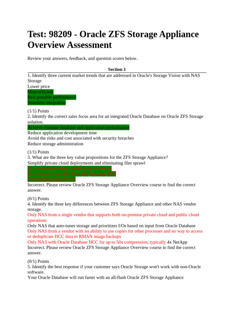98209 - Oracle ZFS Storage Appliance Overview Assessment | PDF