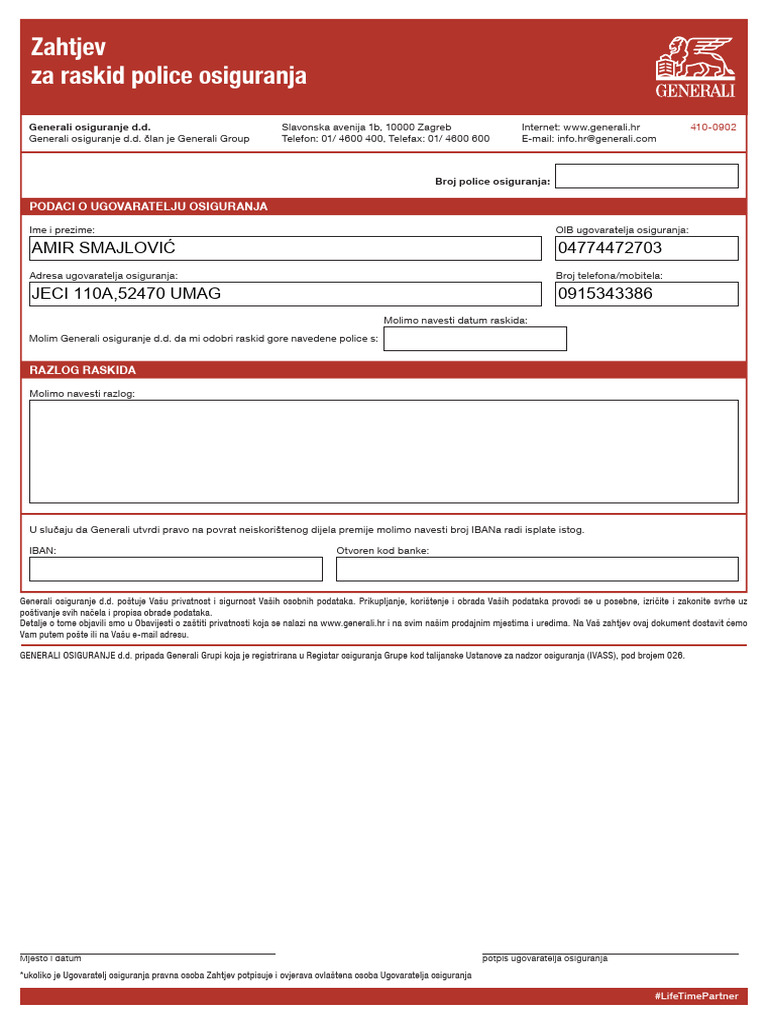 Generali - Obrazac Za Raskid Ugovora-Amir Smajlović | PDF