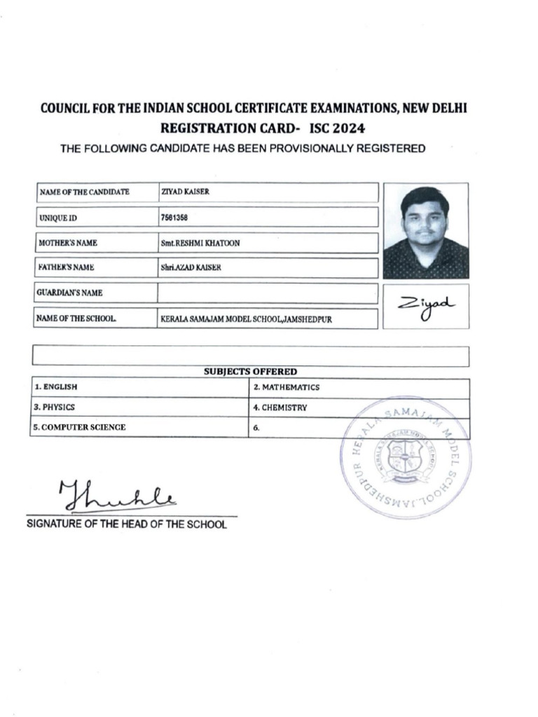 Class 12 Registration Card | PDF