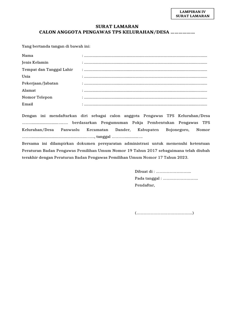 Surat Lamaran Calon Pengawas TPS 2024 | PDF