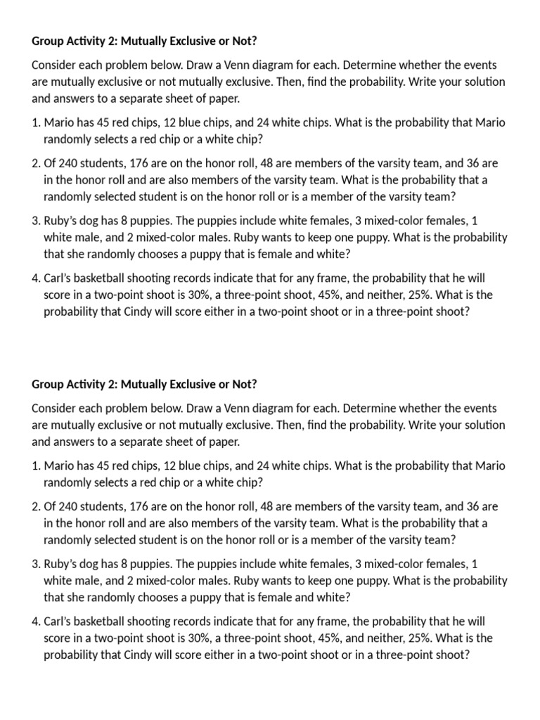 Math 10 Group Activity 2 Mutually Exclusive or Not | PDF