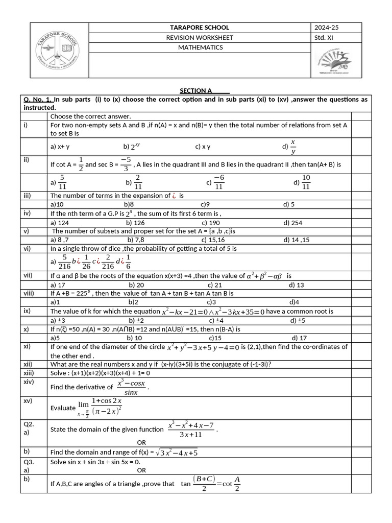 MATHS REVISION WORKSHEET STD XI 2024-2025 | PDF | Mathematics