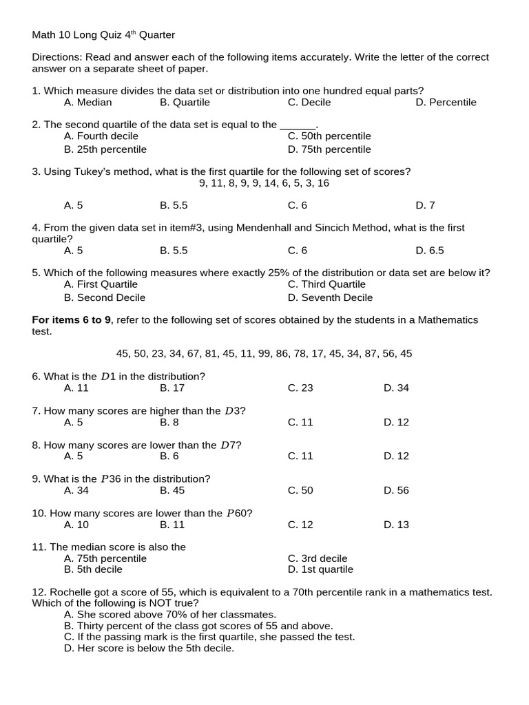Math 10 Long Quiz: Quartiles & Percentiles | PDF | Percentile | Quartile