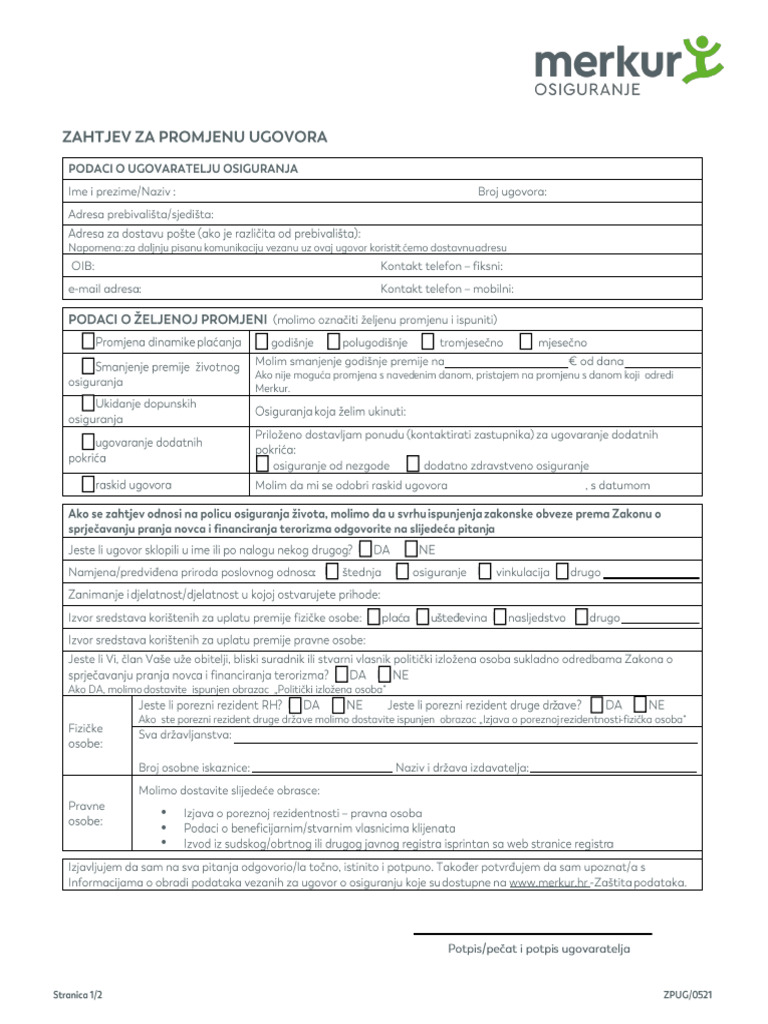 MERKUR - Zahtjev Za Promjenu Ugovora | PDF