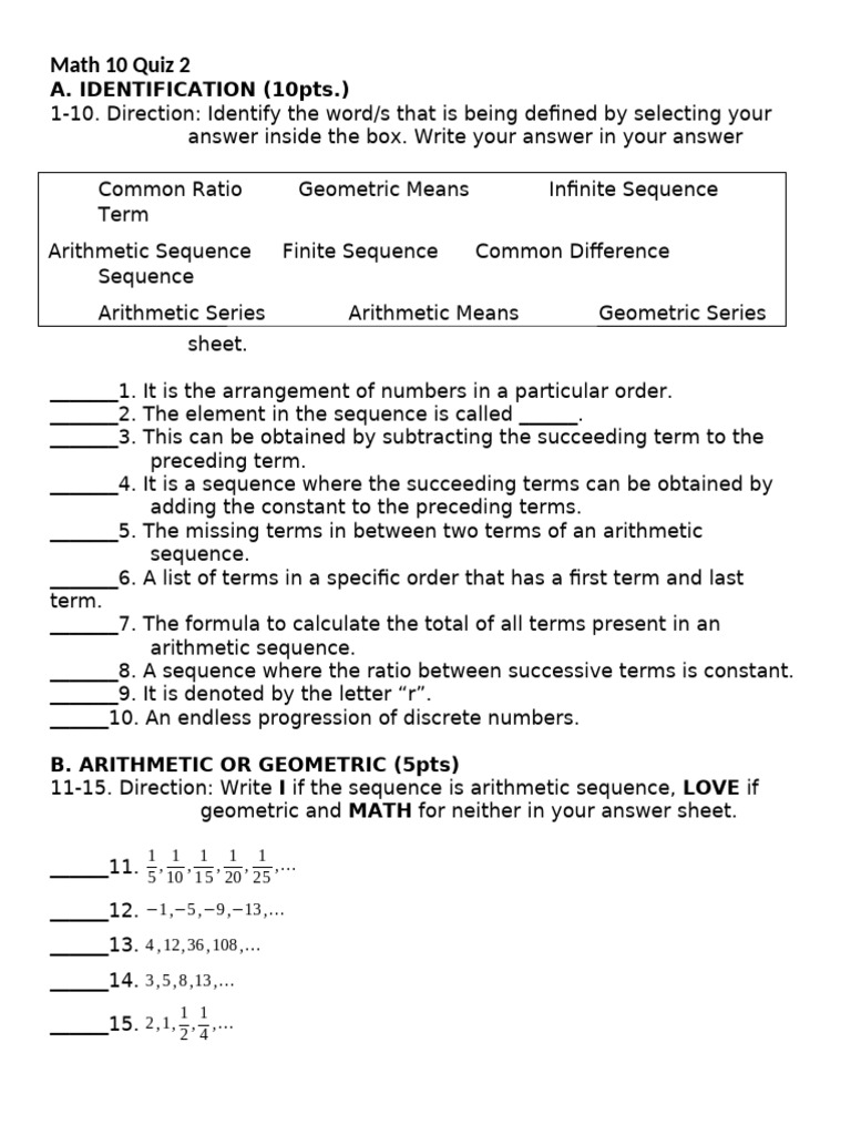 Math 10 Quiz: Sequences & Series | PDF | Sequence | Arithmetic