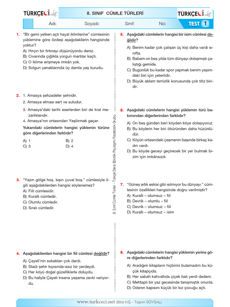 Cümle Türleri (4 Test) | PDF
