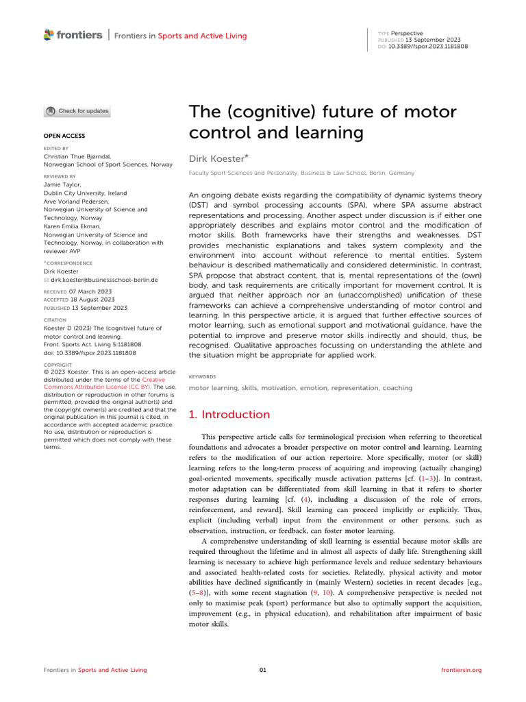 The (Cognitive) Future of Motor Control and Learning - Dirk Koester | PDF | System | Motor Control