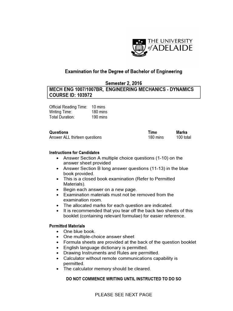 2016 1007 Dynamics Final Exam | PDF | Force | Multiple Choice