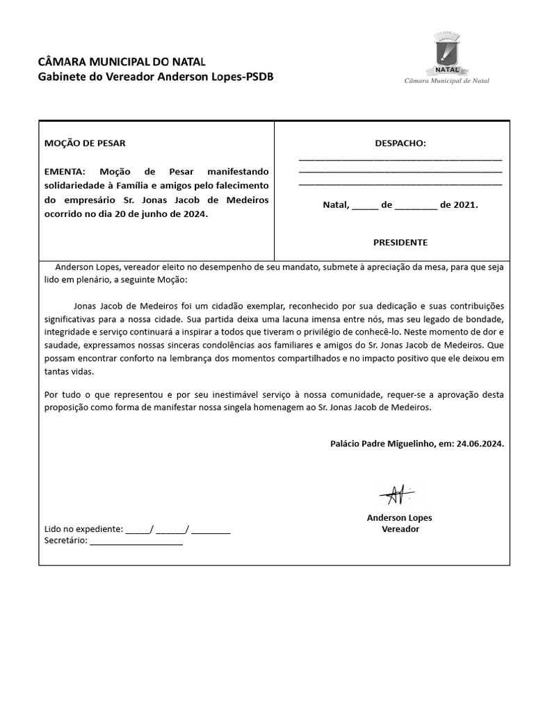 Mocao de Pesar Sr. Jonas Jacob de Medeiros | PDF