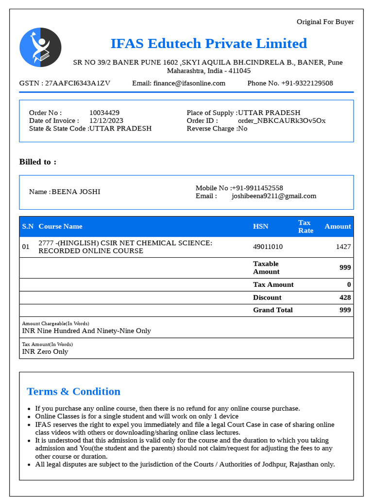 CSIR NET Course Invoice | PDF | Public Finance | Taxation