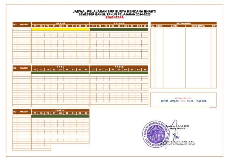 Jadwal Pelajaran SMP Surya Kencana Bhakti: Semester Ganjil Tahun Pelajaran 2024-2025 | PDF