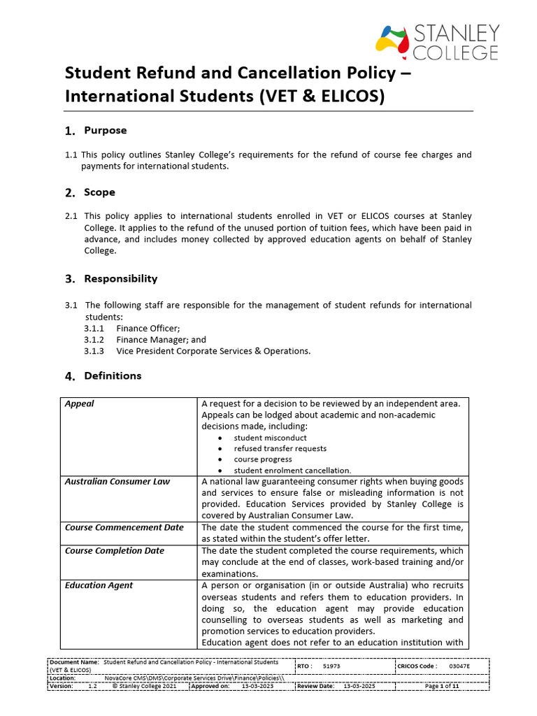 Student-Refund-and-Cancellation-Policy-International-Students-(VET & ELICOS)-Sep-2023 (1) | PDF