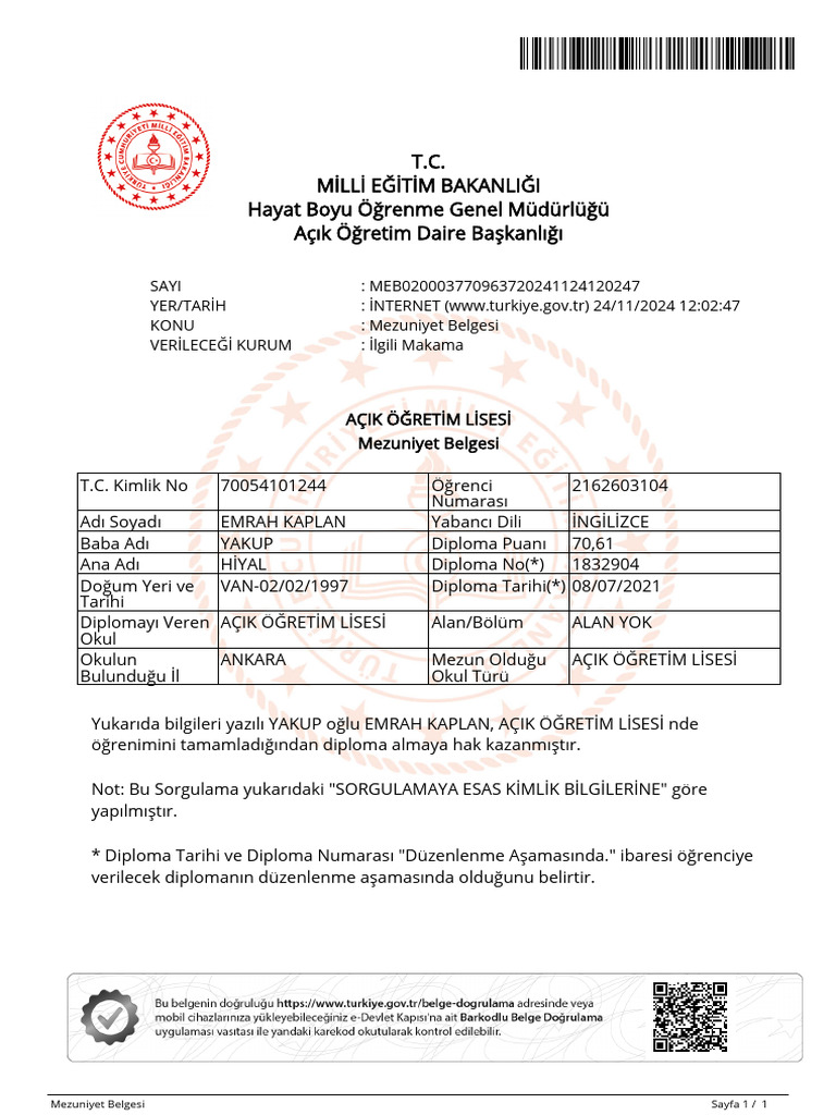 Milli Egitim Acik Ogretim Liseleri Mezuniyet Belgesi Sorgulama | PDF