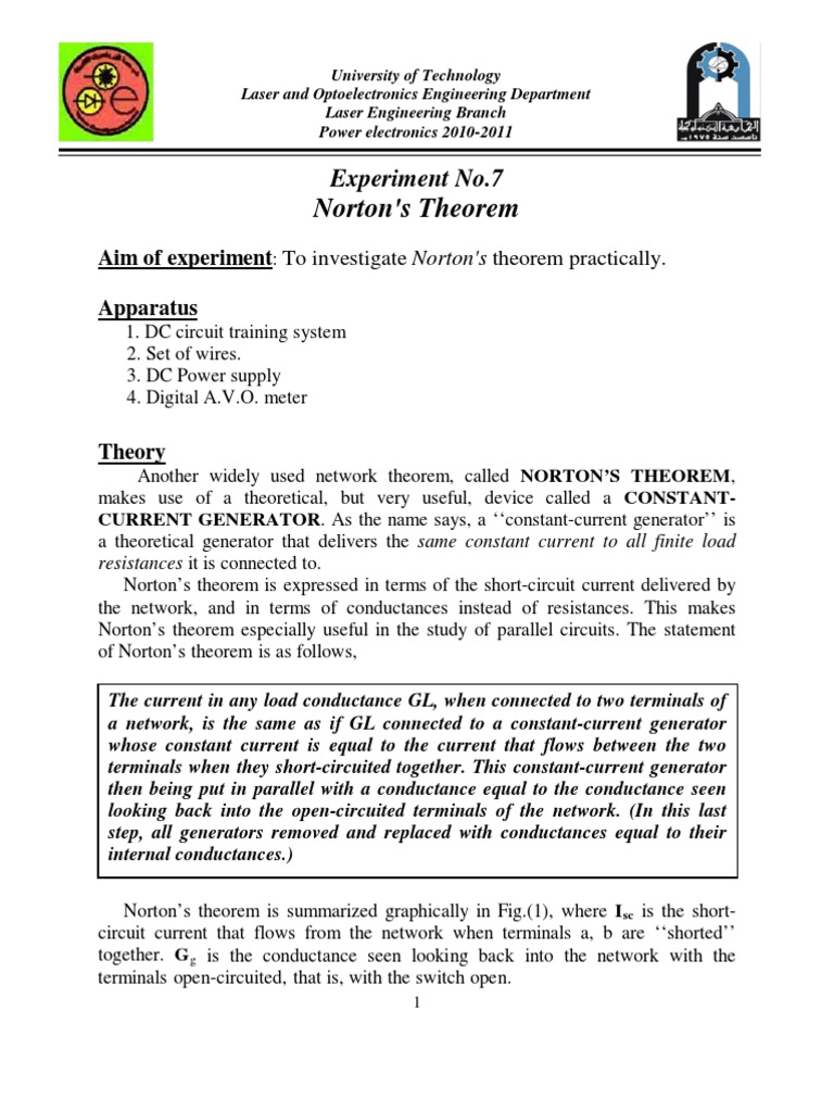 Norton's Theorem: Experiment No.7 | PDF | Electrical Resistance And Conductance | Electrical Network