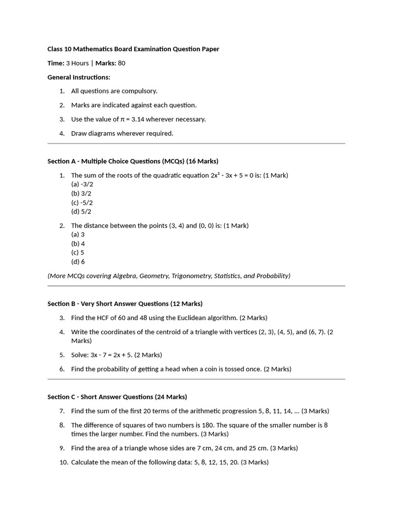 Class 10 Math Board Exam Paper | PDF | Sphere | Area