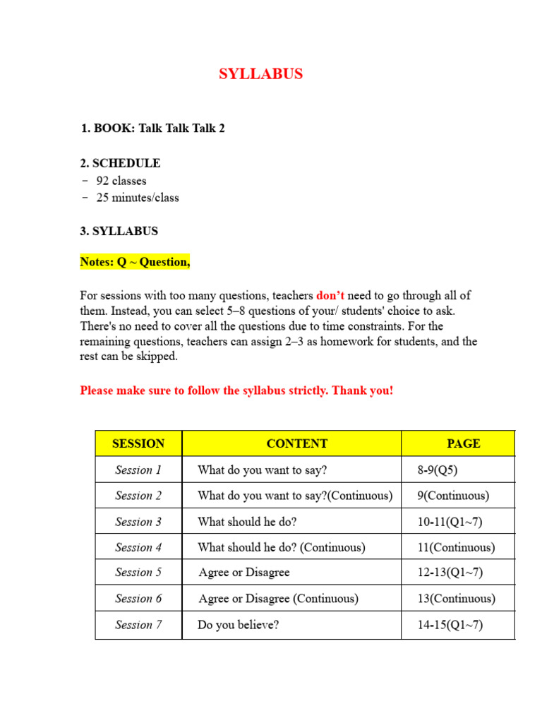 Talk Talk Talk 2 Syllabus Overview | PDF