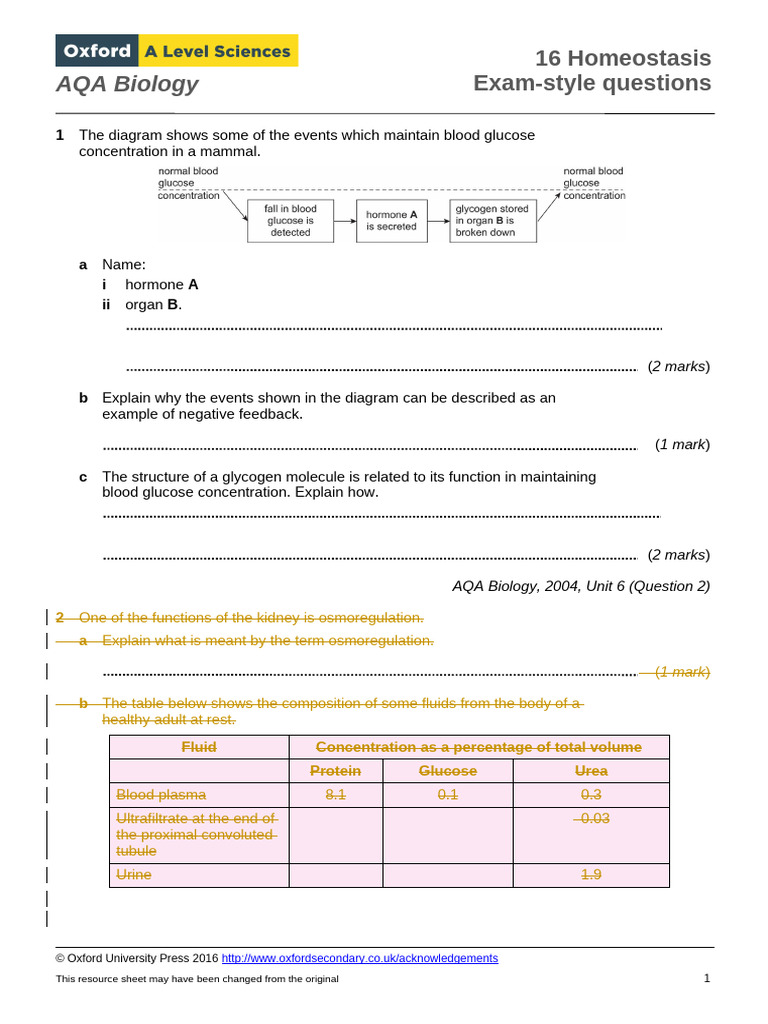Homeostasis Exam Questions for AQA Biology | PDF | Homeostasis | Diabetes