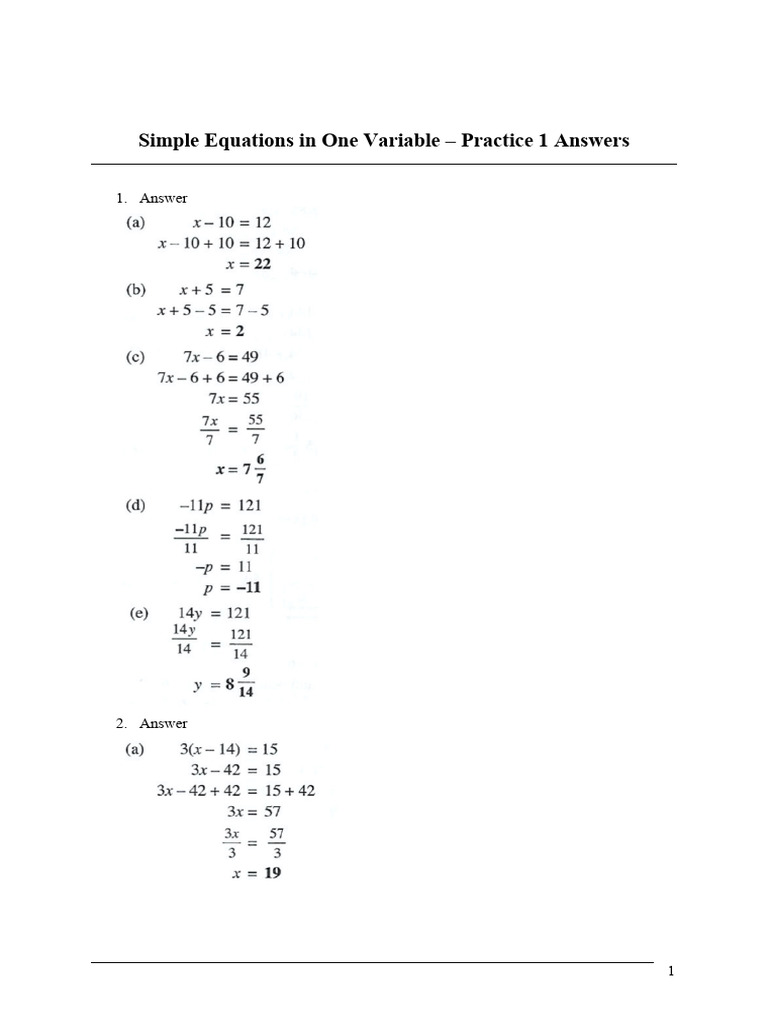 5 Simple Equations in One Variable (Express) Answers | PDF | Equations ...