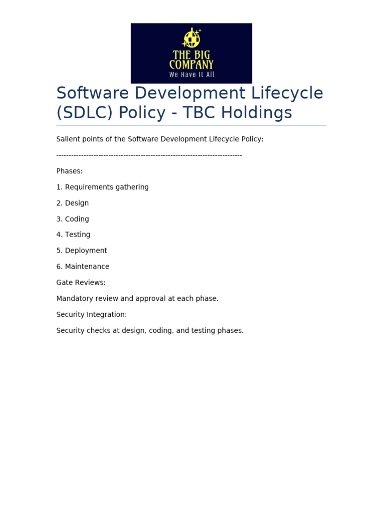 Software Development Lifecycle SDLC Policy TBC Holdings | PDF
