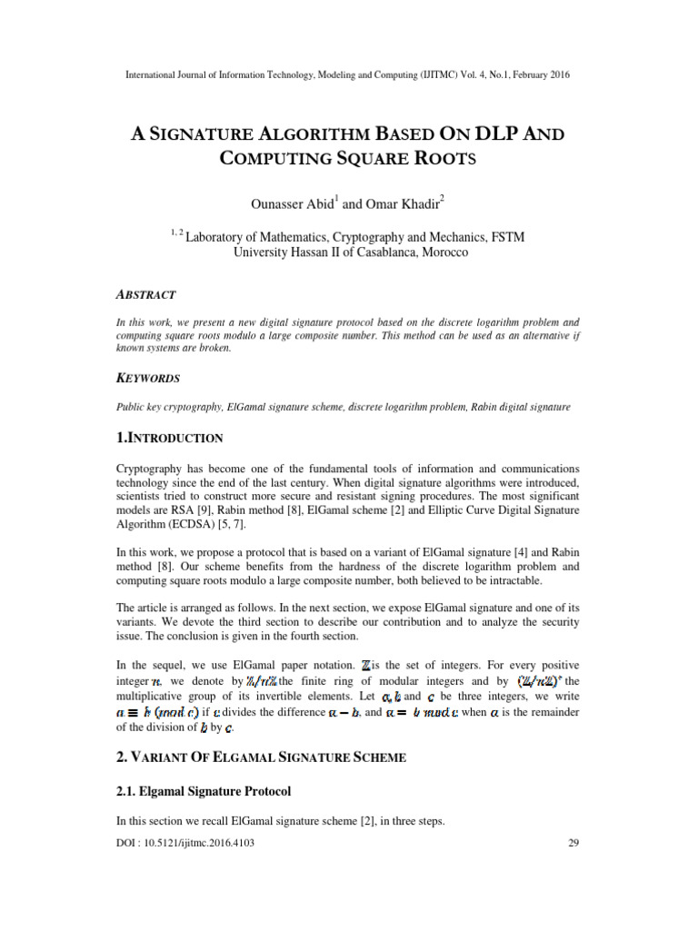 A Signature Algorithm Based On Dlp And Computing Square Roots Pdf Cryptography Exponentiation