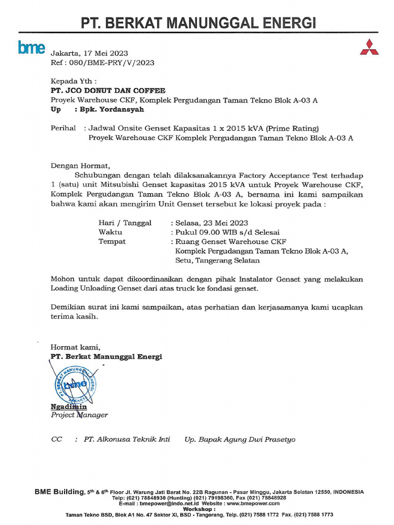 080-05 PT. JCO Donut Dan Coffee (Jadwal Onsite Genset Proyek Warehouse ...