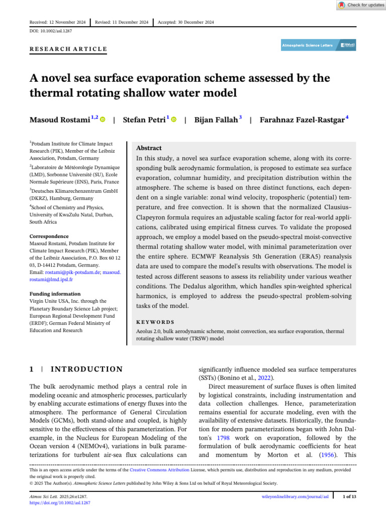 A Novel Sea Surface Evaporation Scheme Assessed by The Thermal Rotating ...