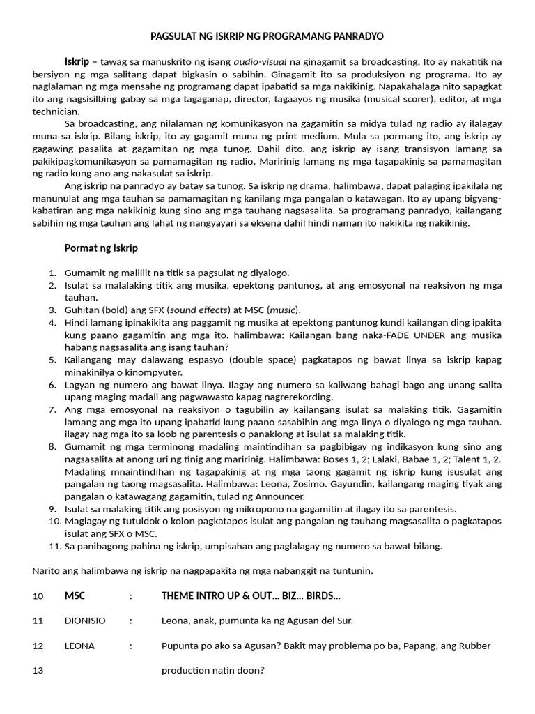 Pagsulat NG Iskrip NG Programang Panradyo | PDF
