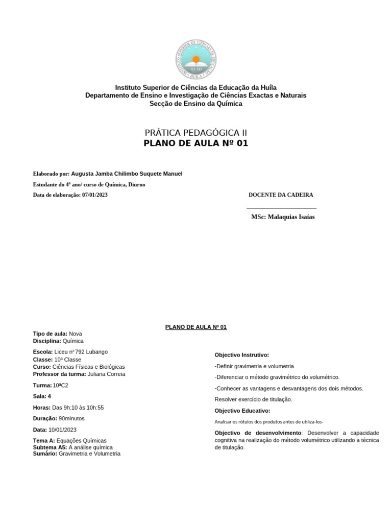 Plano de Aula: Gravimetria e Volumetria | PDF | Química Analítica ...