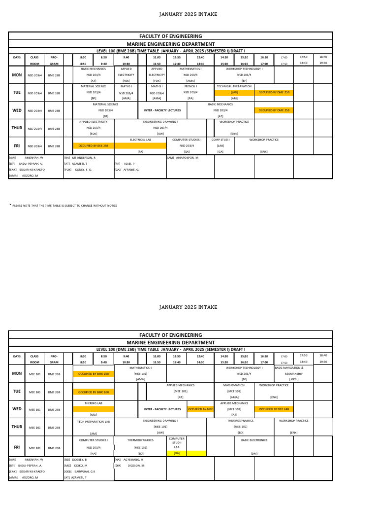ME Level 100B Time Table Sem I Jan-Apr 2025(3) | PDF | Engineering | Science